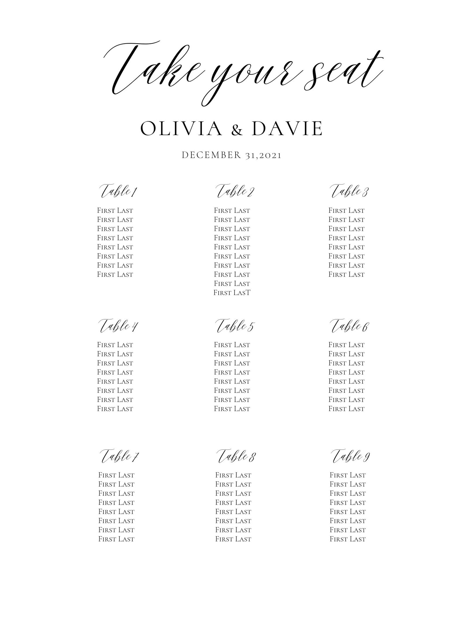 Minimalist Elegant Wedding Seating Chart Template, Instant Digital ...