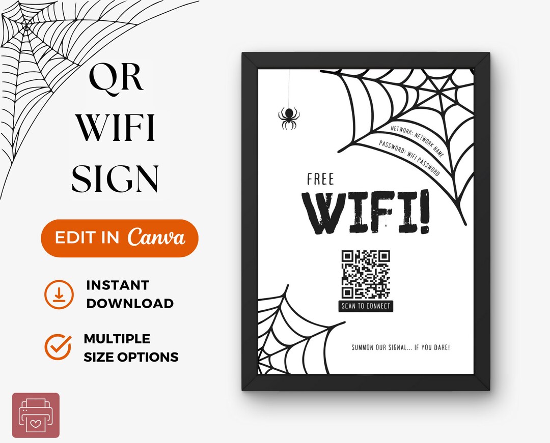 Halloween Spooky Wifi Qr Code Sign Editable Canva Download Spider Web Design For Airbnb And Guest