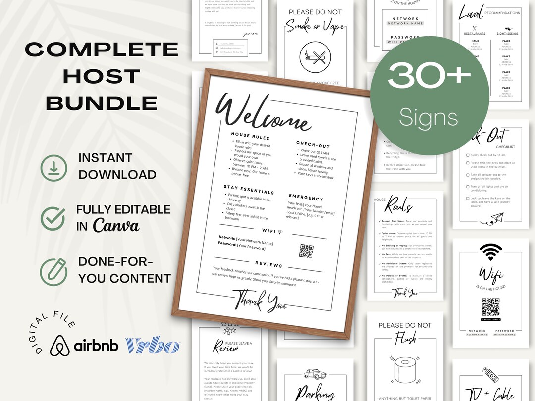 Airbnb Complete Host Bundle 30 Editable Signs in Canva A4, US Letter ...