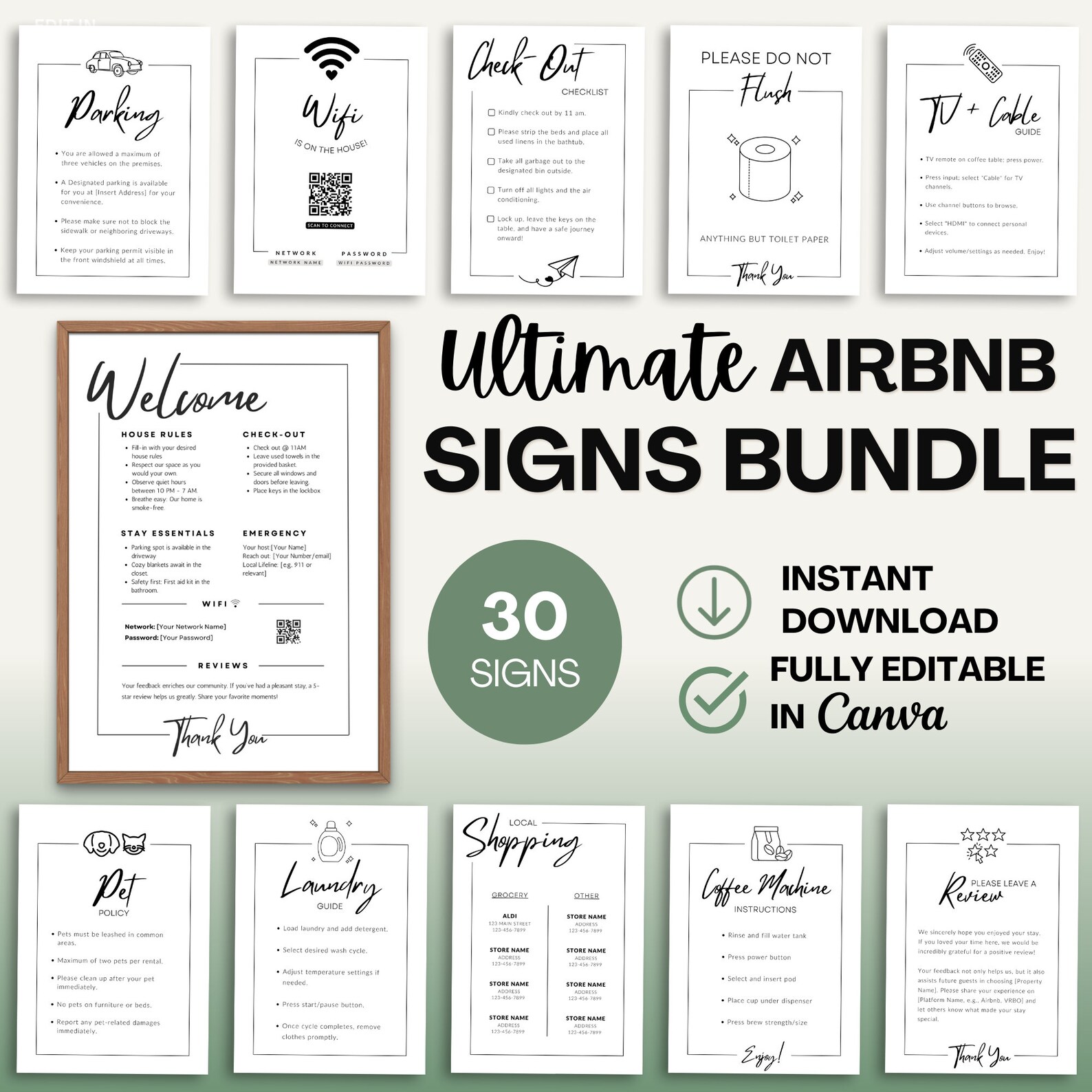 Airbnb Complete Host Bundle | 30+ Editable Signs in Canva | A4, US ...