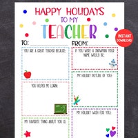 Christmas Card for Teacher, Thank You Note Printable, Kids, School ...