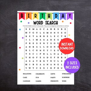 Birthday Word Search, Printable Birthday Party Game, Birthday Game for ...