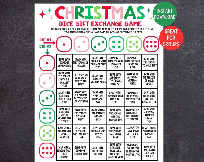 Double Dice Gift Exchange Dice Game, White Elephant Gift Exchange, Gift ...