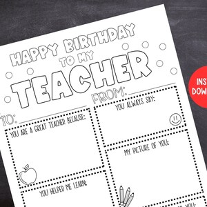 Teacher Birthday Coloring Card, Printable Kids Birthday Card for ...