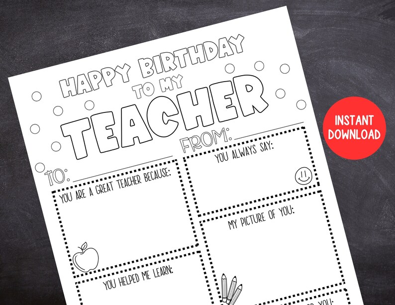 Teacher Birthday Coloring Card, Printable Kids Birthday Card for ...