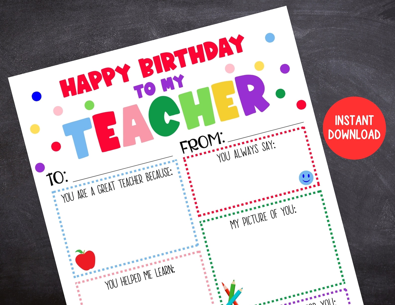 Teacher Birthday Card, Printable Kids Birthday Card for Teachers ...