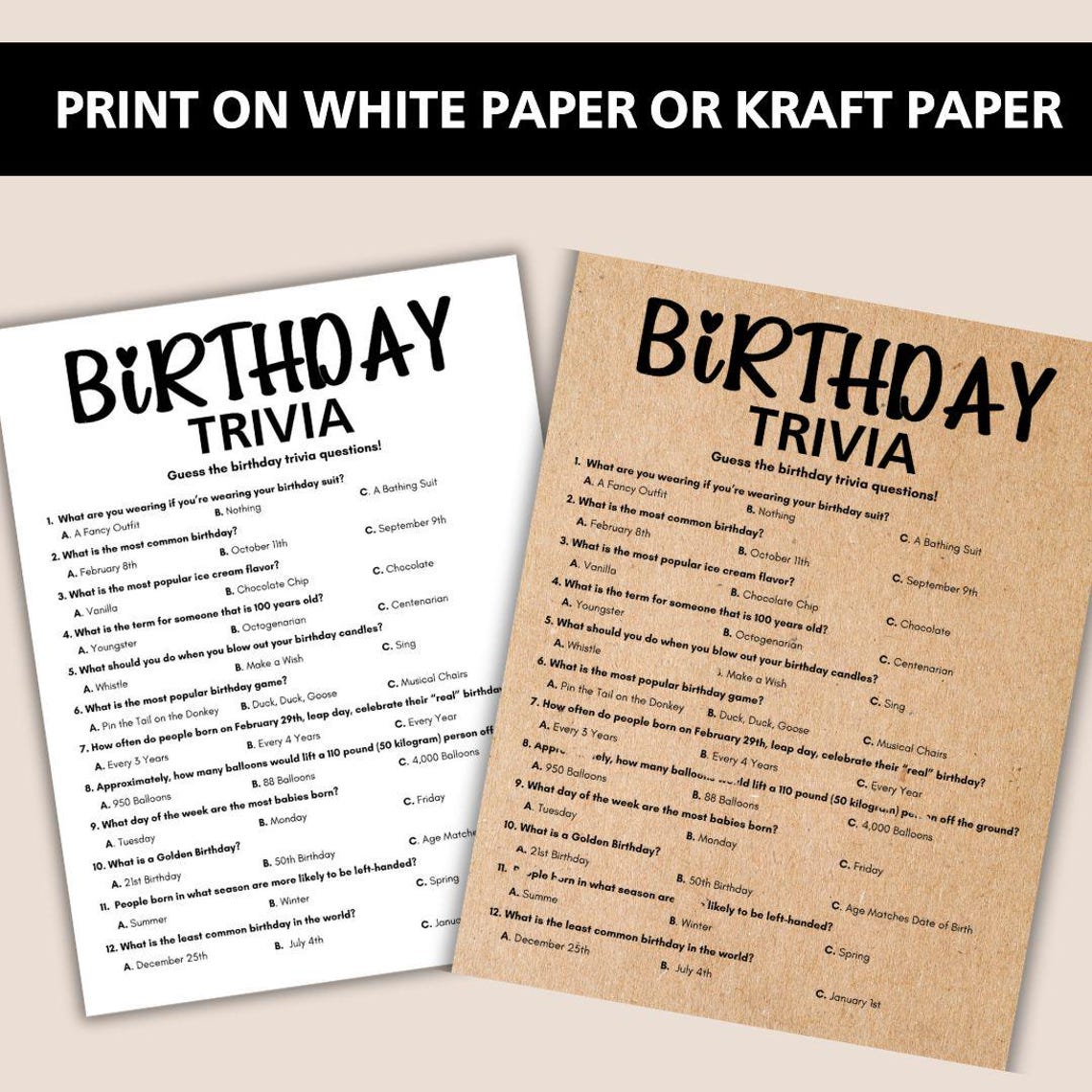 Birthday Trivia Game, Printable Birthday Game, Easy Birthday Game for ...