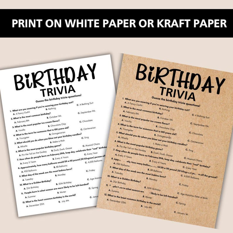 Birthday Trivia Game, Printable Birthday Game, Easy Birthday Game for ...