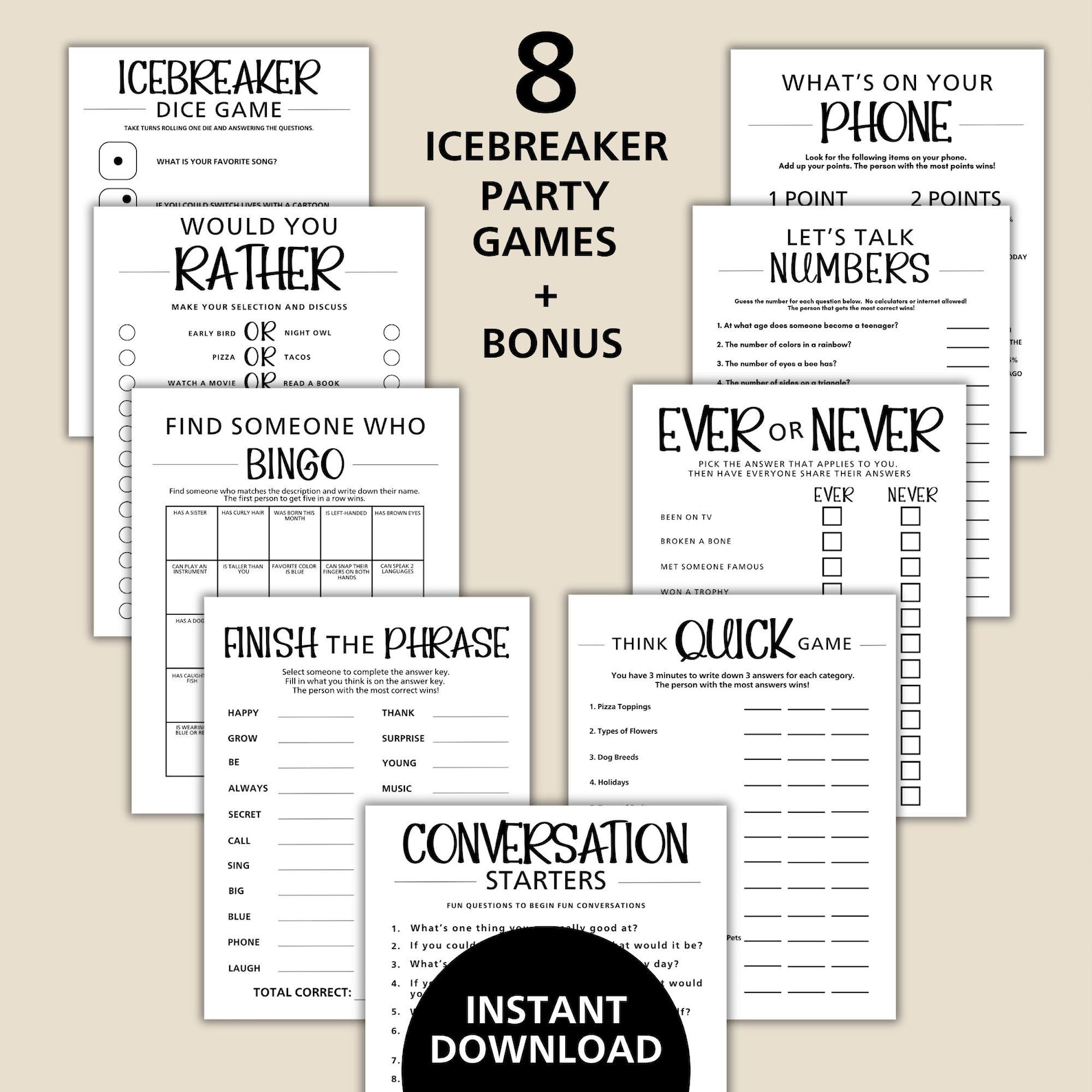 Icebreaker Games Bundle, Printable Conversation Starters, Party Starter ...