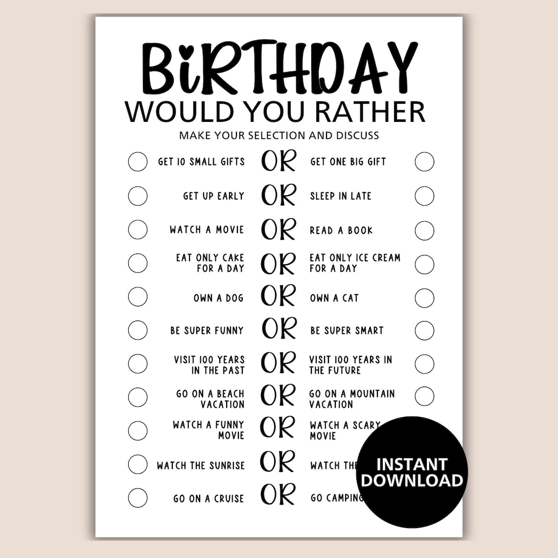 Birthday Game, Printable Would You Rather Game, Easy Party Starter Game ...