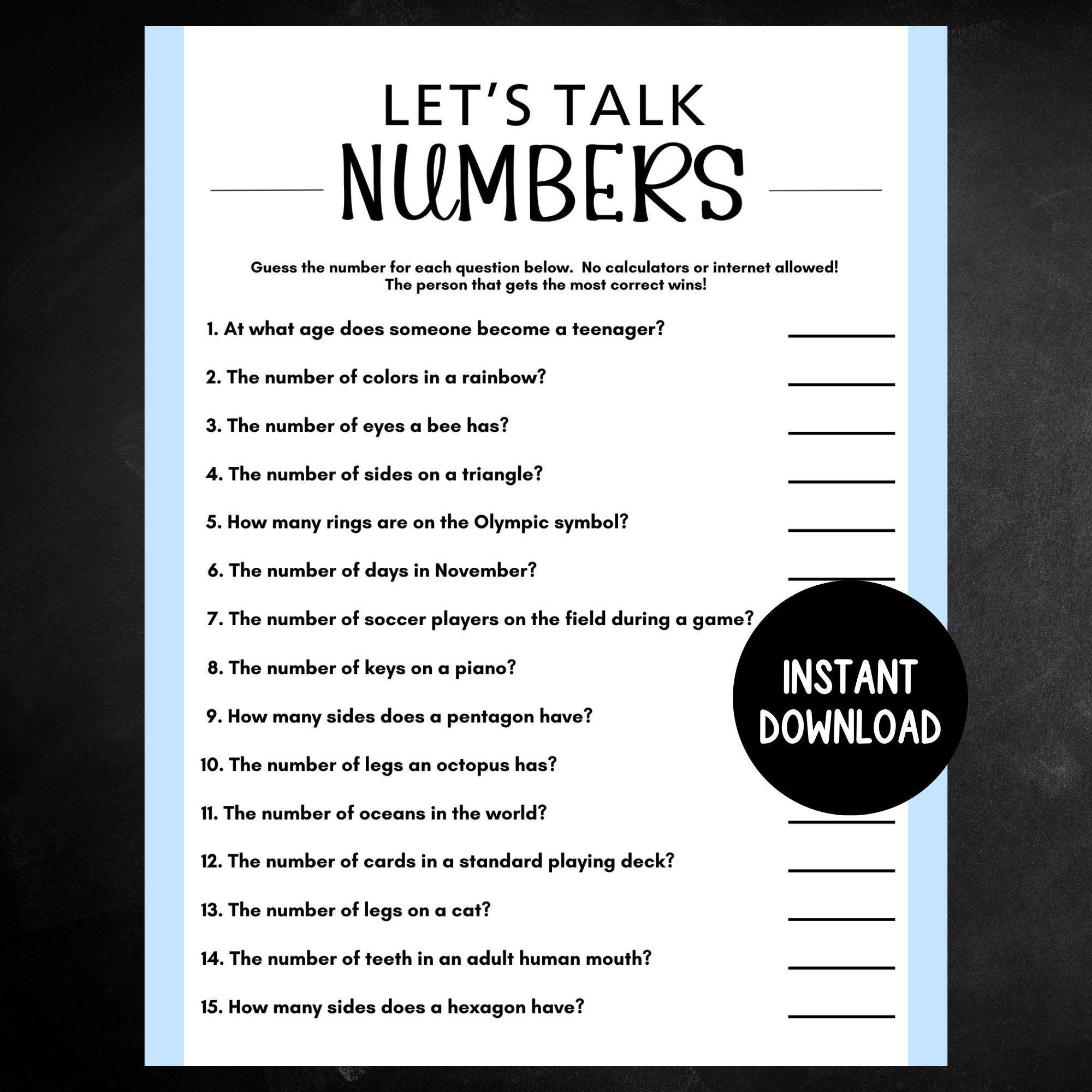 Icebreaker Game, Printable Lets Talk Numbers Game, Printable Trivia ...