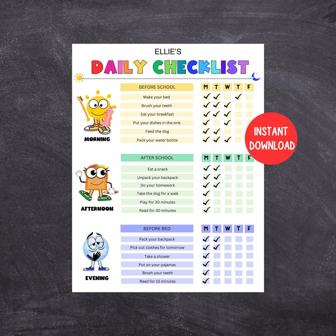 Kids Daily Checklist, Printable and Editable Chore Chart, Personalized ...