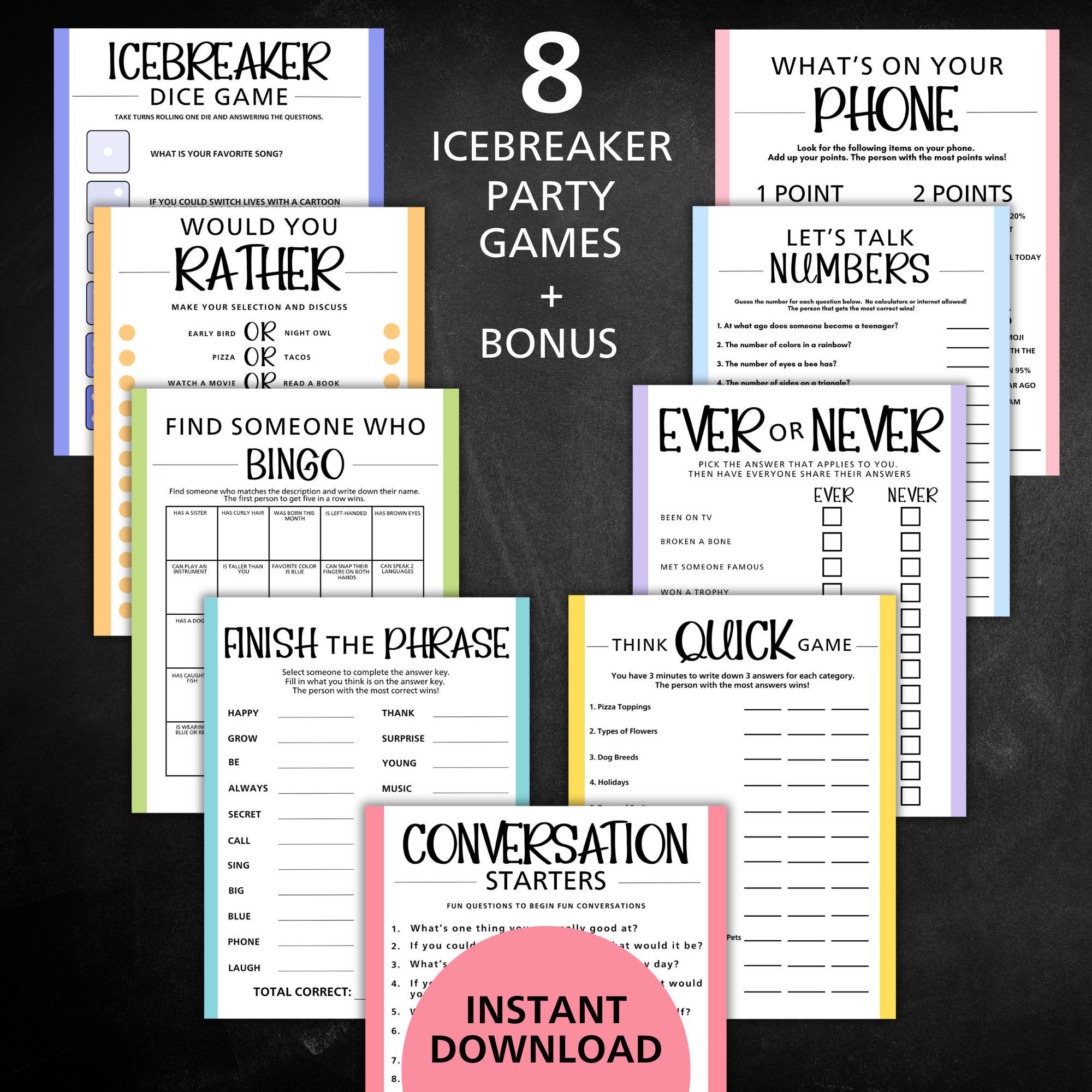 Icebreaker Games Bundle, Printable Conversation Starters, Pastel Party ...