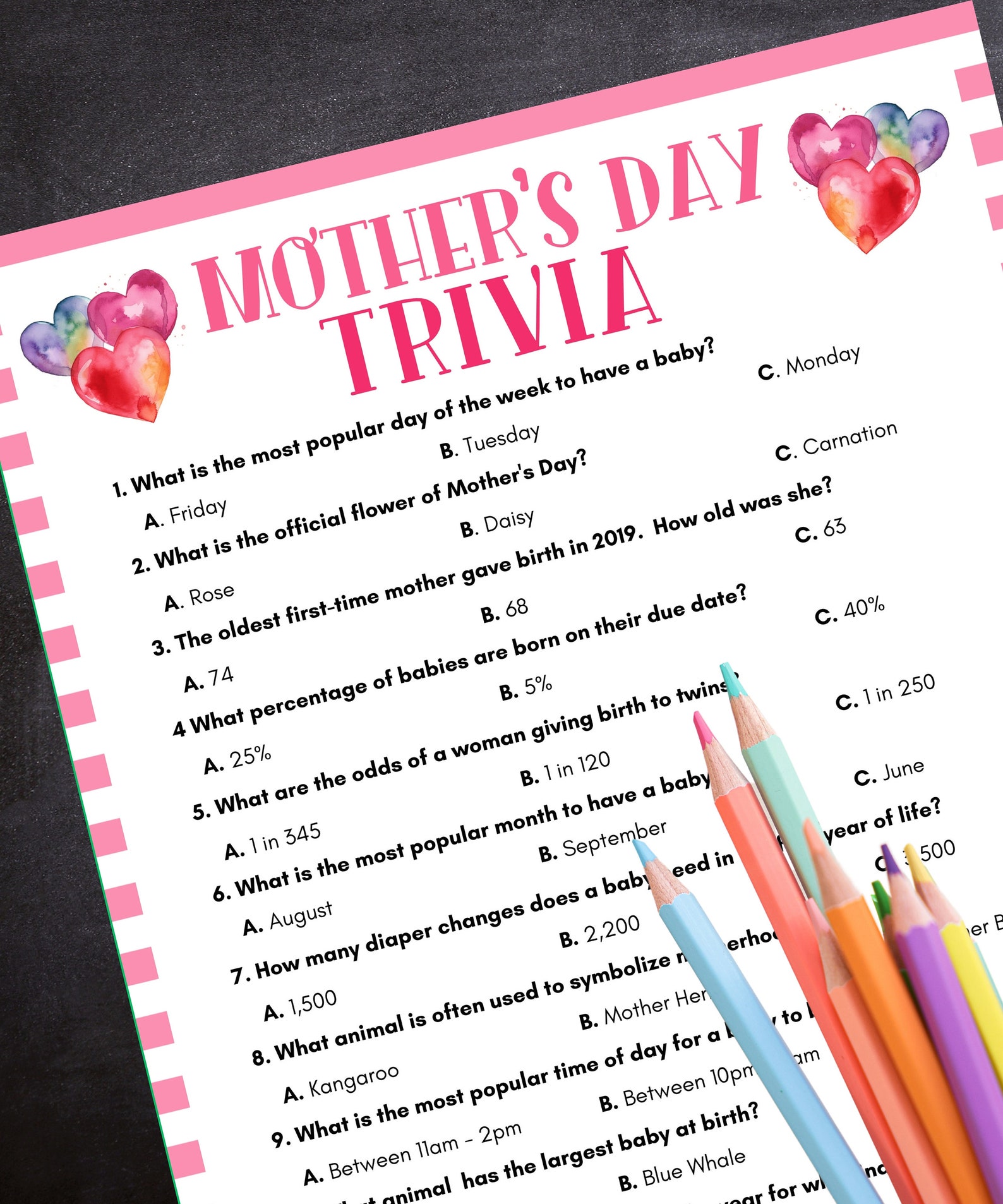 Mothers Day Trivia Game, Printable Mothers Day Game, Trivia Game ...
