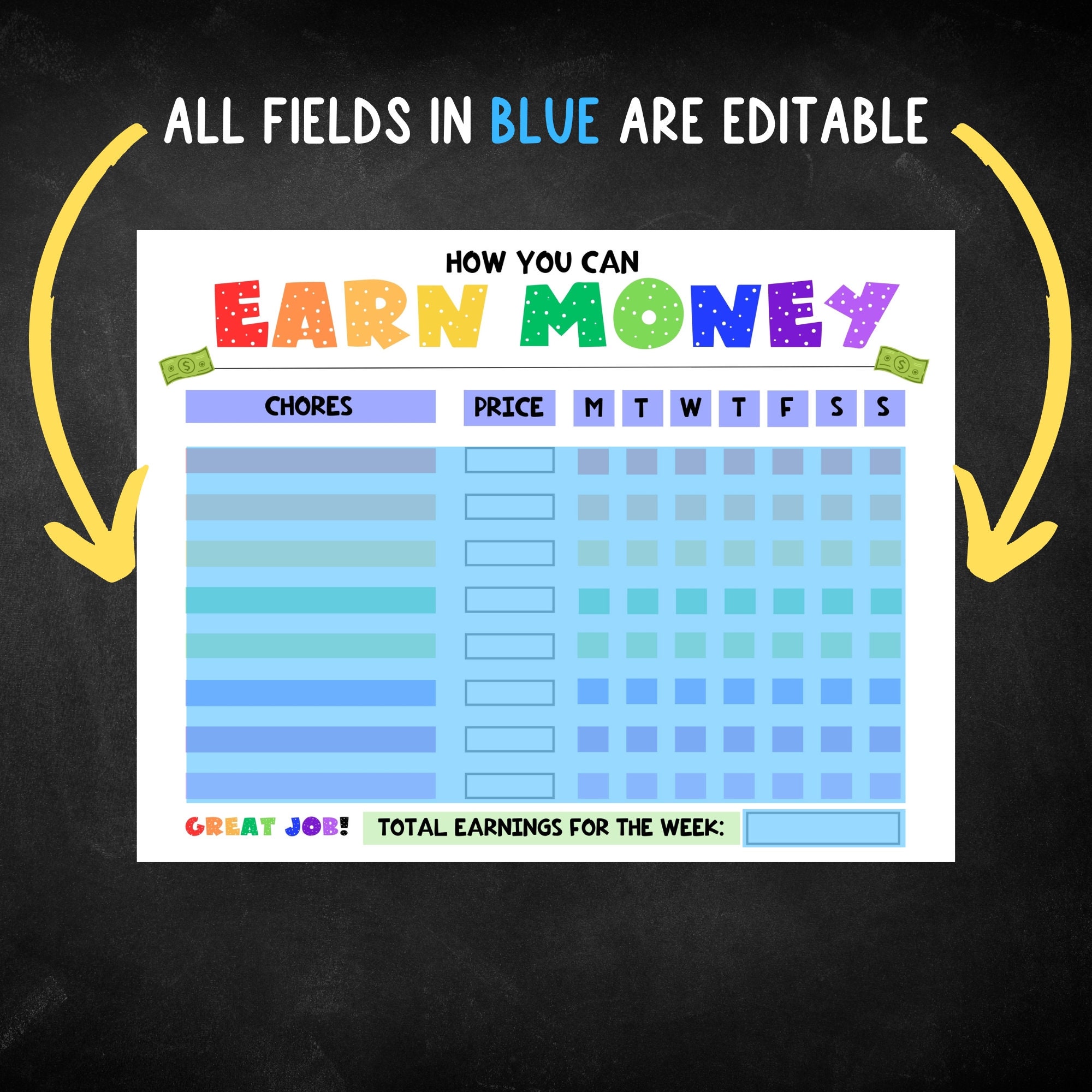 How to Earn Money Chore Chart, Editable Allowance Chore Chart for Kids ...