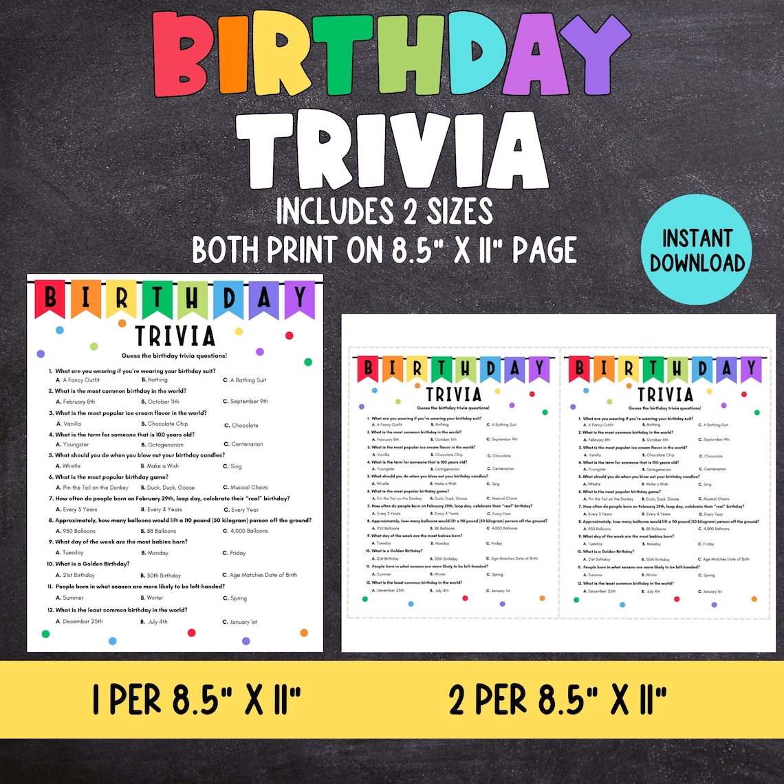 Birthday Trivia Game, Printable Birthday Game, Easy Birthday Game for ...