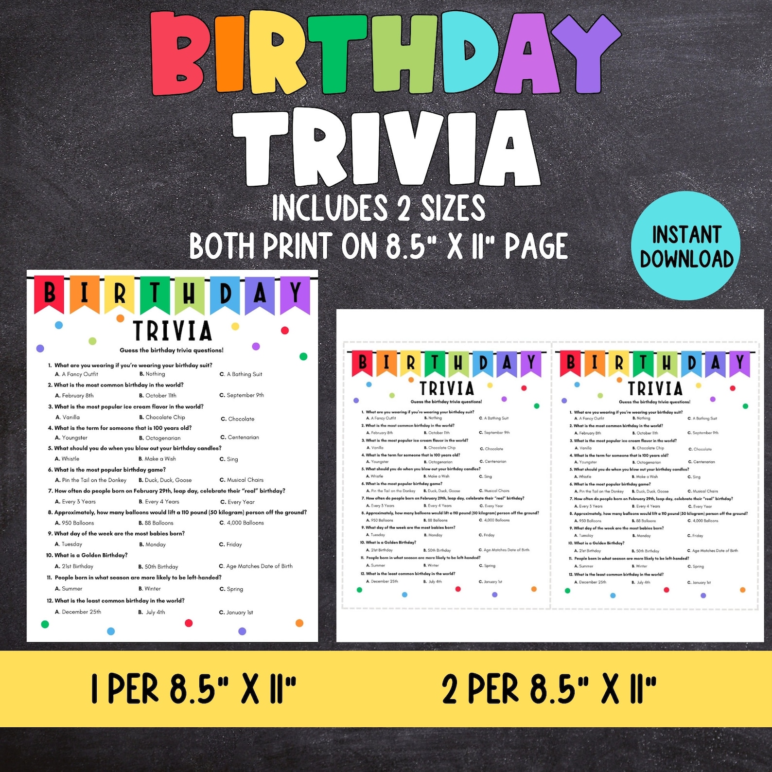 Birthday Trivia Game, Printable Birthday Game, Easy Birthday Game for ...