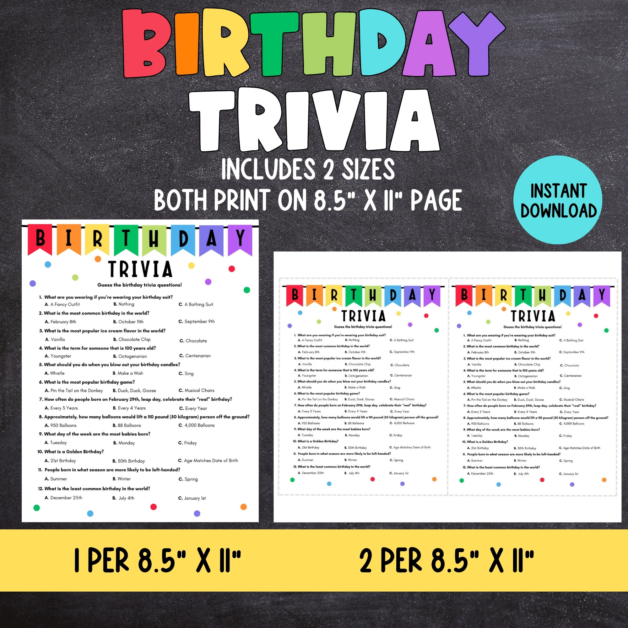 Birthday Trivia Game, Printable Birthday Game, Easy Birthday Game for ...