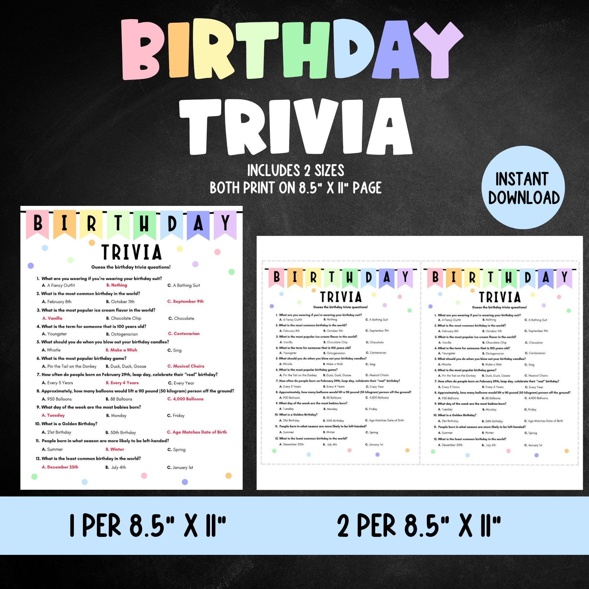 Birthday Trivia Game, Printable Pastel Birthday Game, Easy Birthday ...