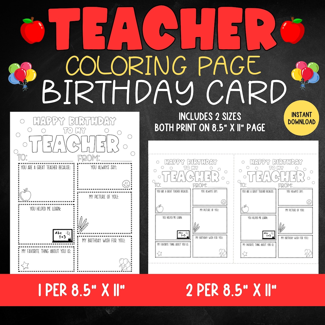 Teacher Birthday Coloring Card, Printable Kids Birthday Card for ...