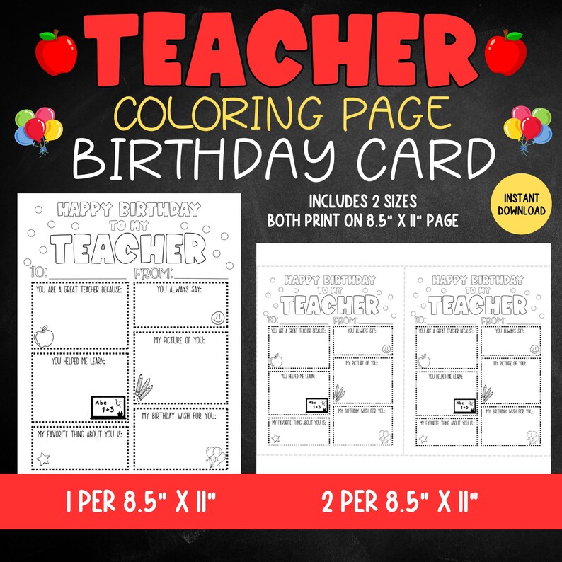 Teacher Birthday Coloring Card, Printable Kids Birthday Card for ...