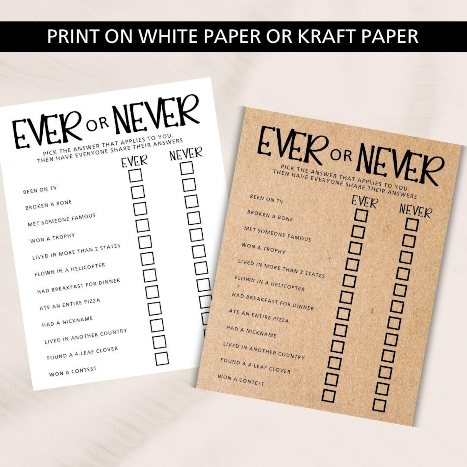 Icebreaker Game, Printable Ever or Never Game, Easy Party Starter Game ...