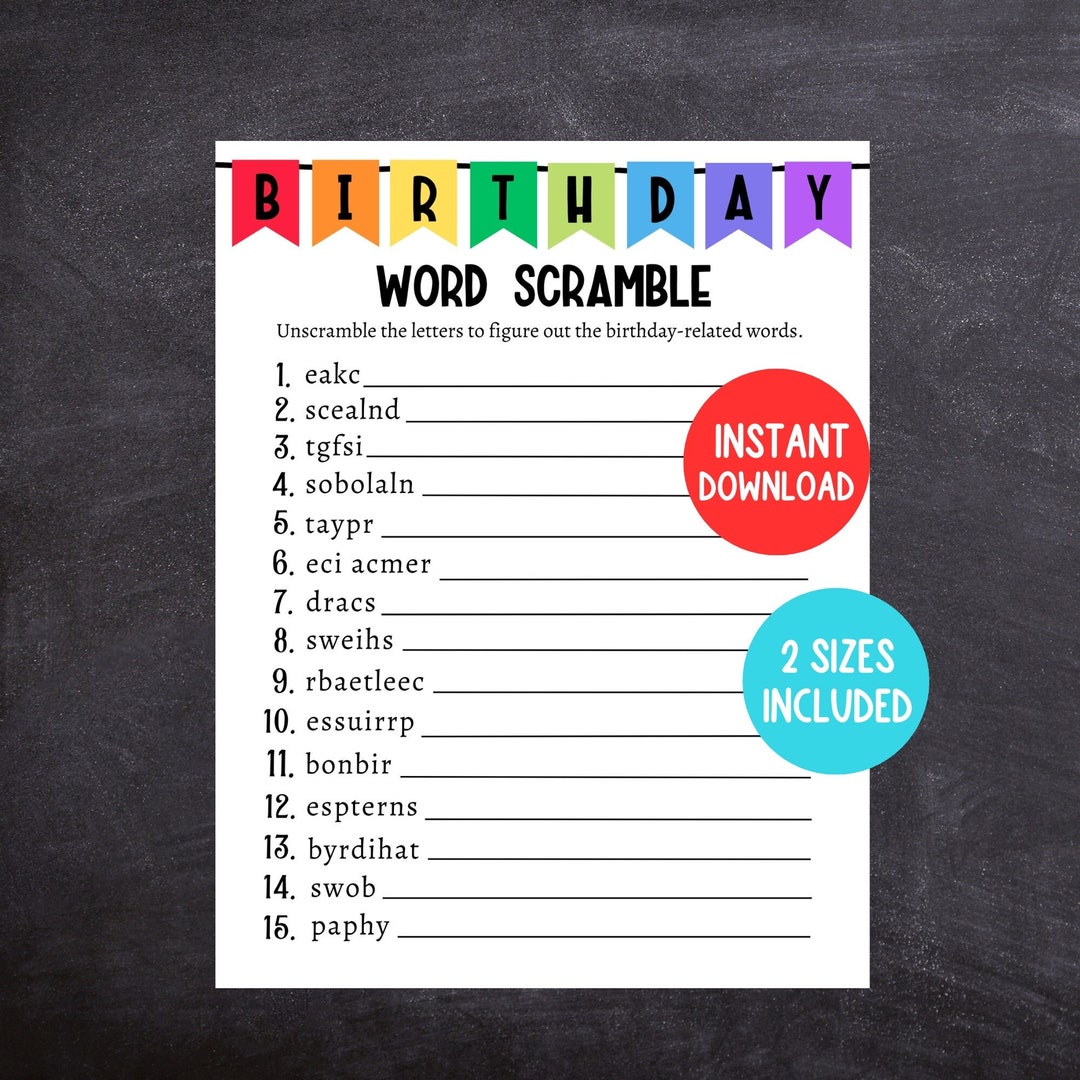 Birthday Word Scramble, Printable Birthday Game, Birthday Party Game ...