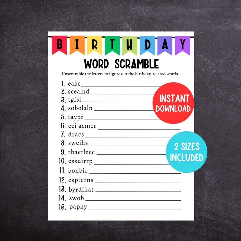 Birthday Word Scramble, Printable Birthday Game, Birthday Party Game ...