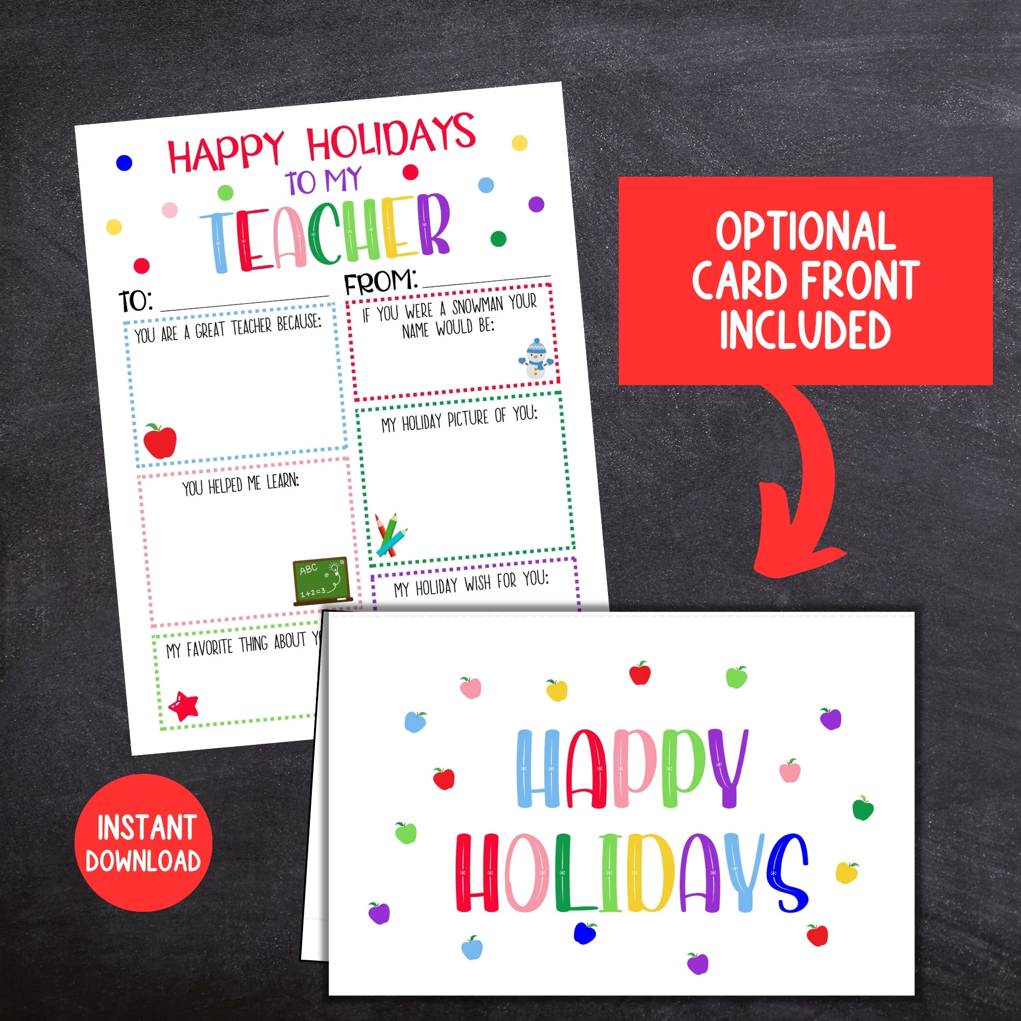 Teacher Holiday Card, Printable Kids Holiday Card for Teachers, Teacher ...