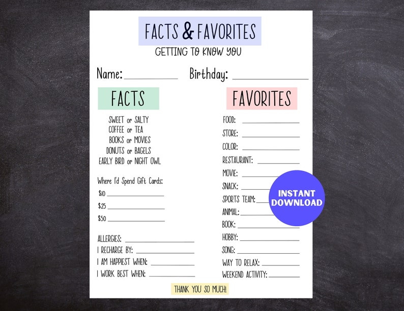 Printable Get to Know You Questionnaire, All About Me Form for ... Printable Get to Know You Questionnaire, All About Me Form for ...