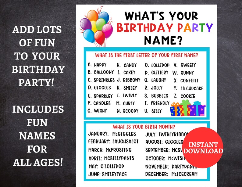 What's Your Birthday Party Name Game WITH Name Tags & Sign, Birthday ...