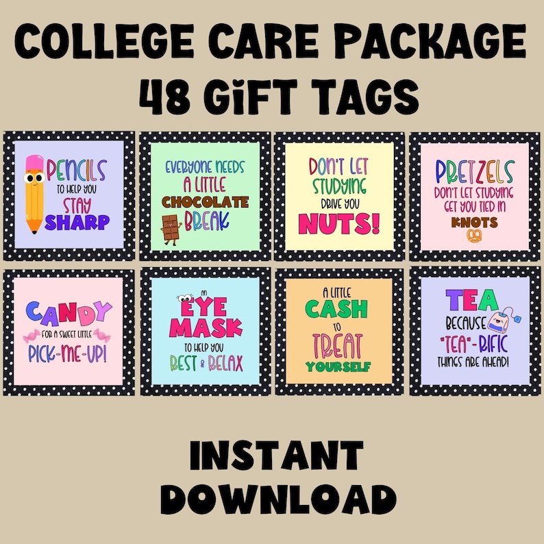 College Care Package Gift Tags, Printable College Survival Kit Gift ...