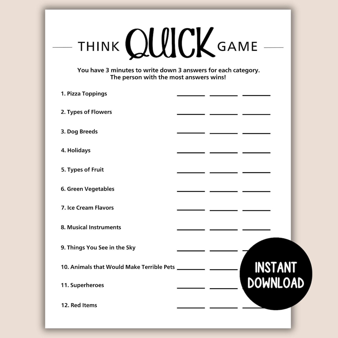 Icebreaker Game, Printable Think Quick Game, Printable Party Game, Game ...
