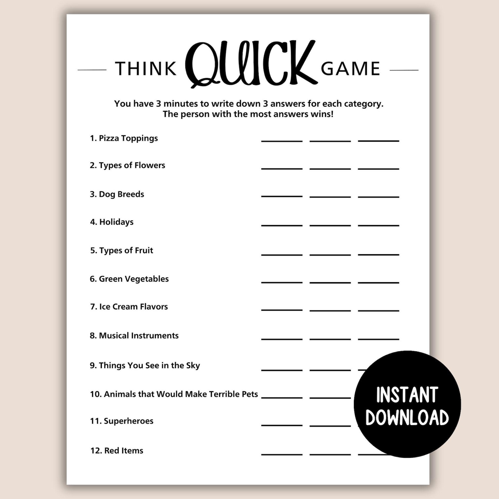 Icebreaker Game, Printable Think Quick Game, Printable Party Game, Game ...