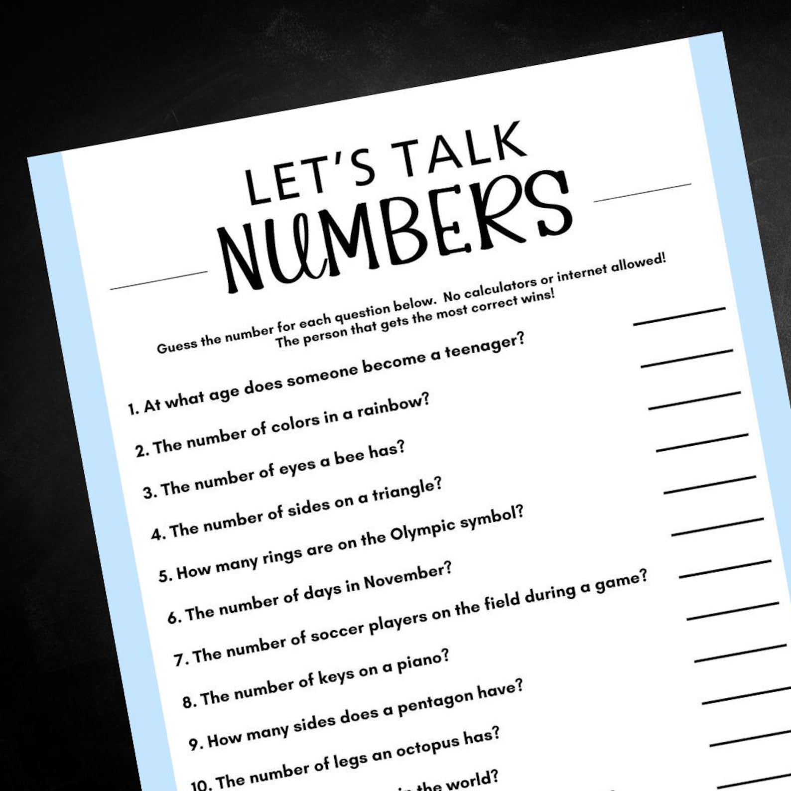 Icebreaker Game, Printable Lets Talk Numbers Game, Printable Trivia ...