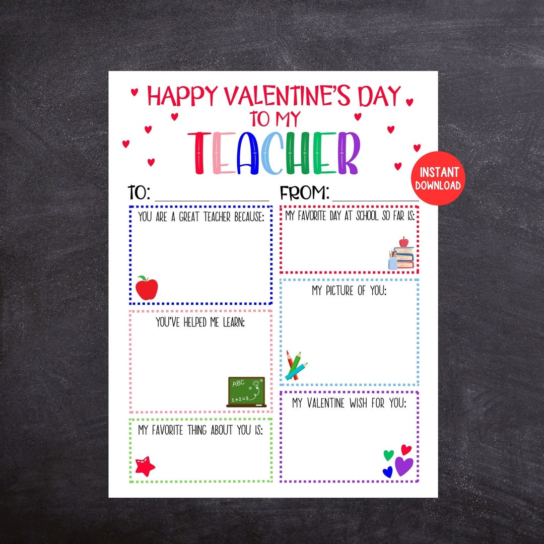 Teacher Valentines Card, Printable Kids Valentines Card for Teachers ...
