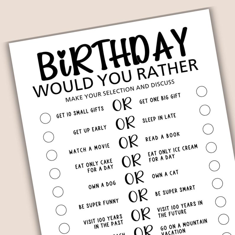 Birthday Game, Printable Would You Rather Game, Easy Party Starter Game ...