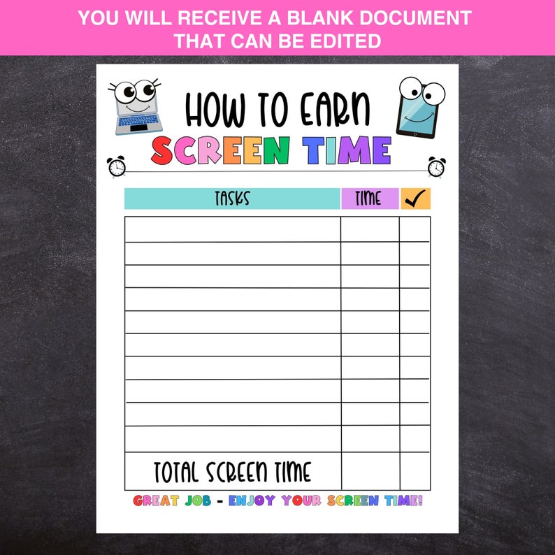 Screen Time Checklist, Editable and Printable Screen Time Chore Chart ...