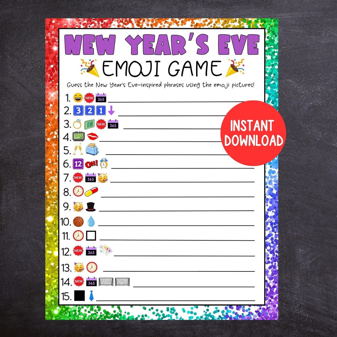New Years Eve Emoji Game, Printable New Years Eve Party Game, Easy New ...
