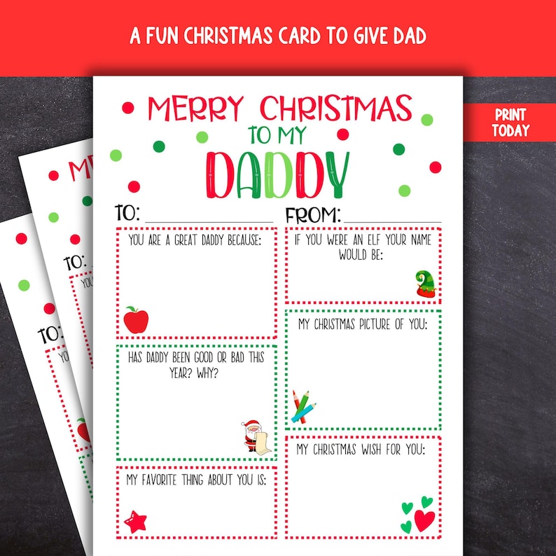 Daddy Christmas Card, Printable Kids Christmas Card for Dad, Keepsake ...