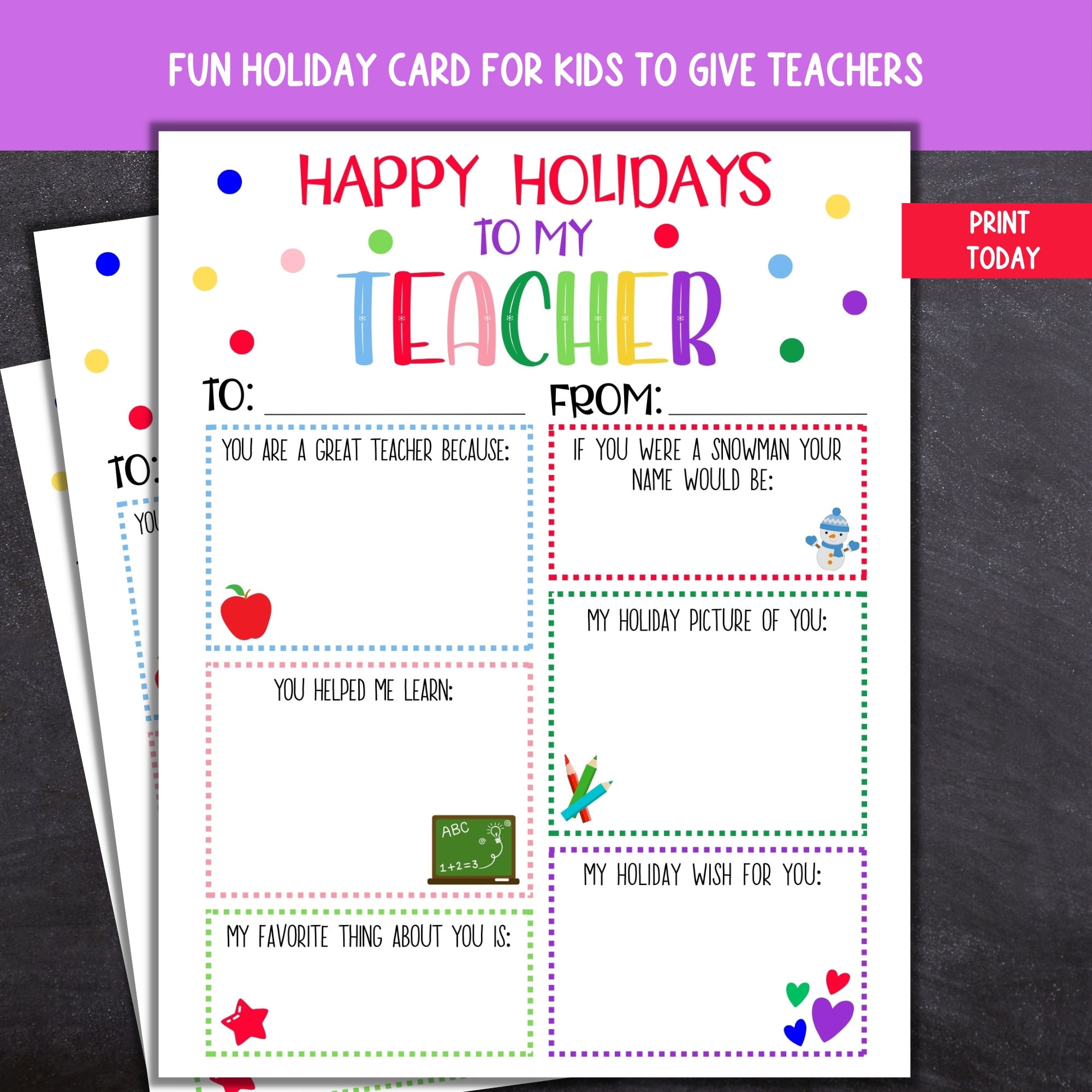 Teacher Holiday Card, Printable Kids Holiday Card for Teachers, Teacher ...