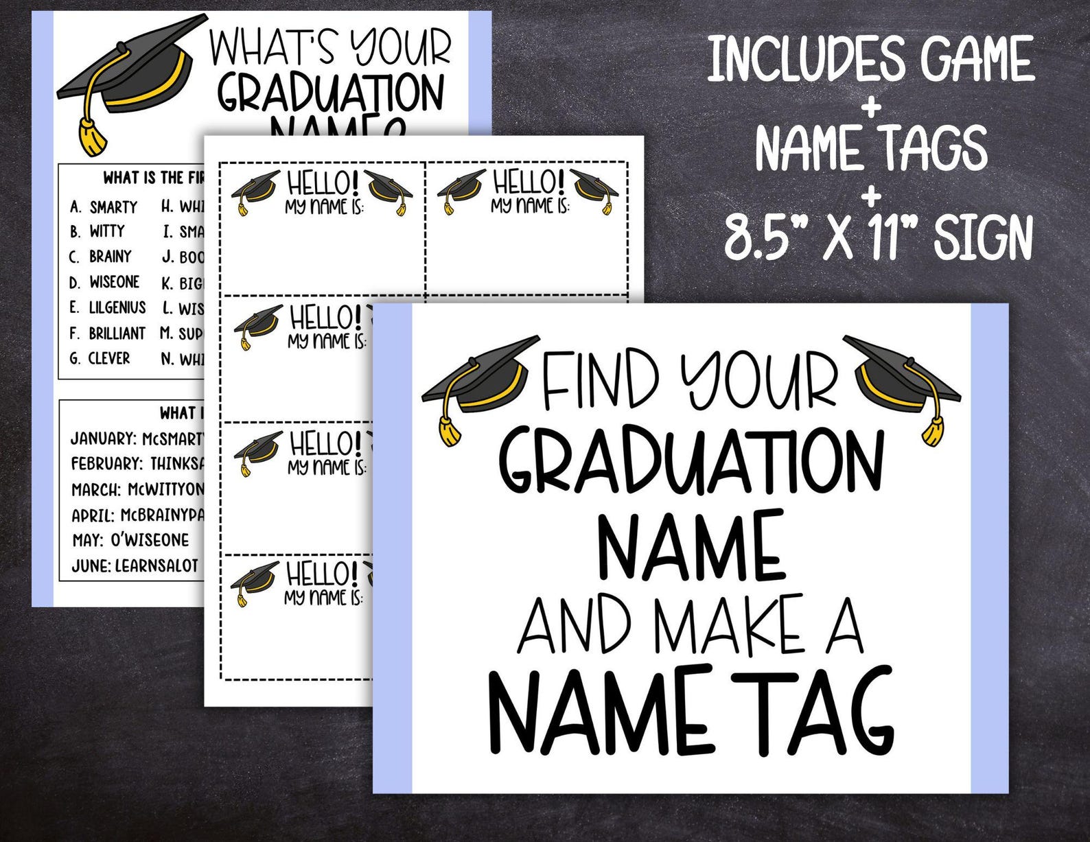 Graduation Name Game WITH Name Tags & Sign, Graduation Party Game ...