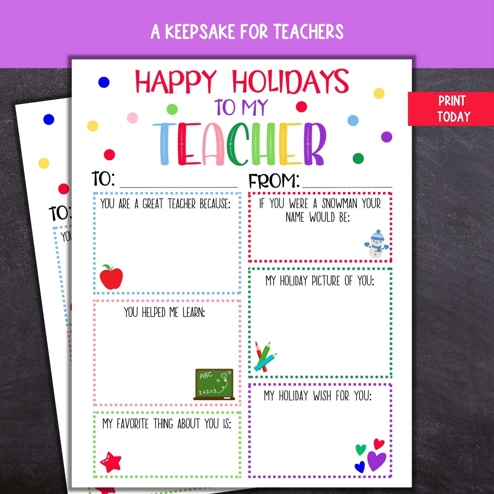 Teacher Holiday Card, Printable Kids Holiday Card for Teachers, Teacher ...
