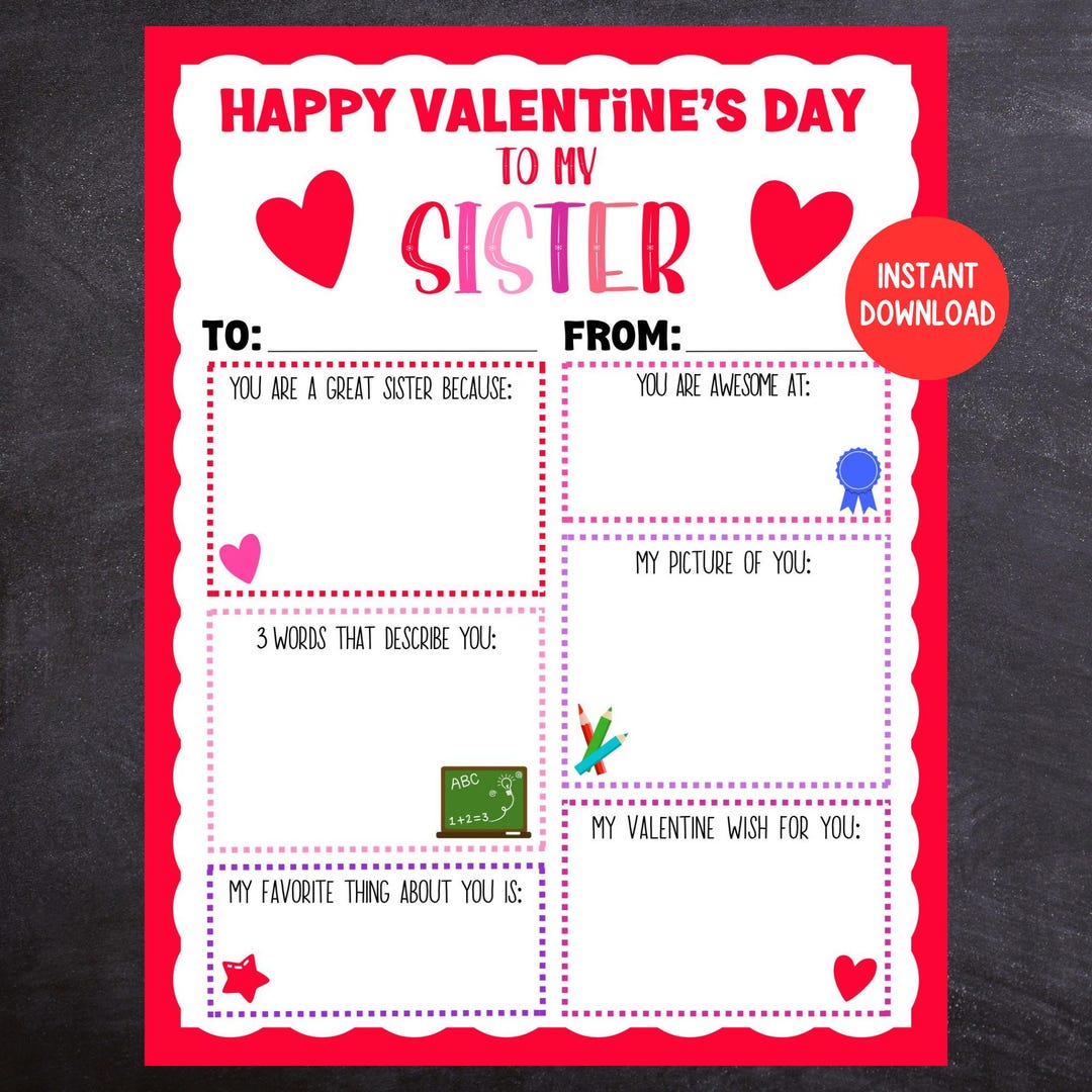 Kids Valentines Card for Sister, Printable Sister Valentines Card ...