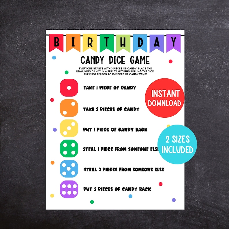 Birthday Candy Dice Game, Printable Birthday Party Game, Fun Birthday ...