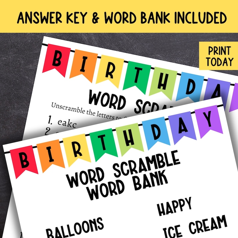 Birthday Word Scramble, Printable Birthday Game, Birthday Party Game ...