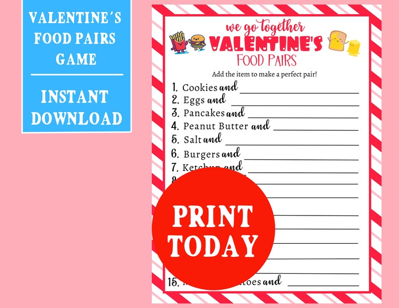Valentine's Food Pairs Game, Fun Valentine's Game, Valentine's ...