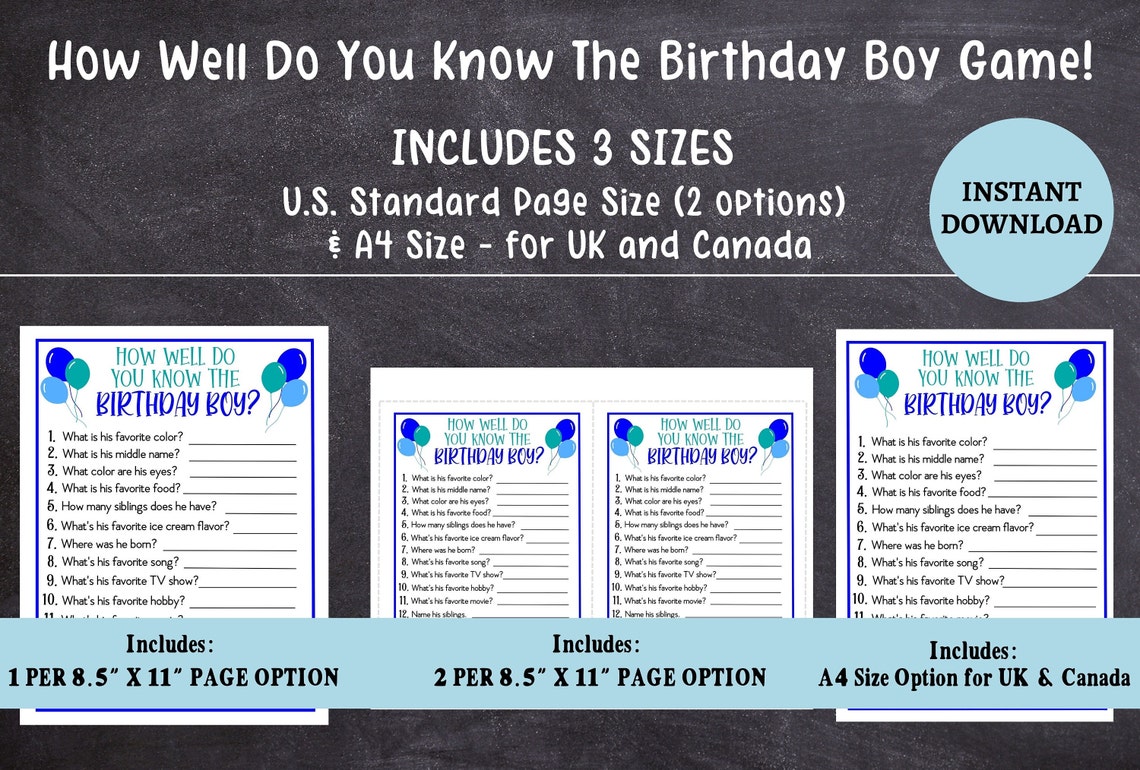 Printable Birthday Game for Boy Birthday, Birthday Trivia Game, How ...