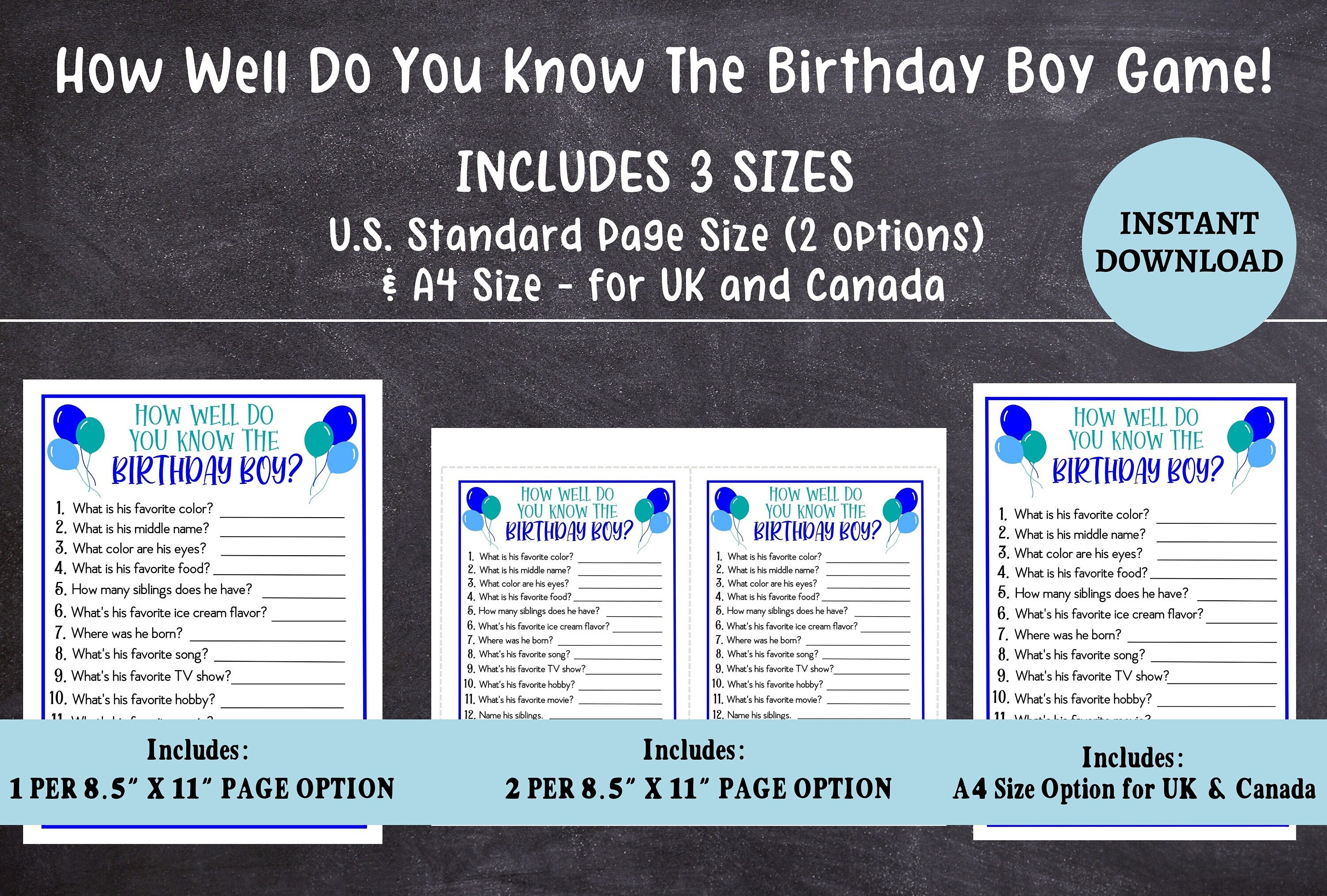 Printable Birthday Game for Boy Birthday, Birthday Trivia Game, How ...