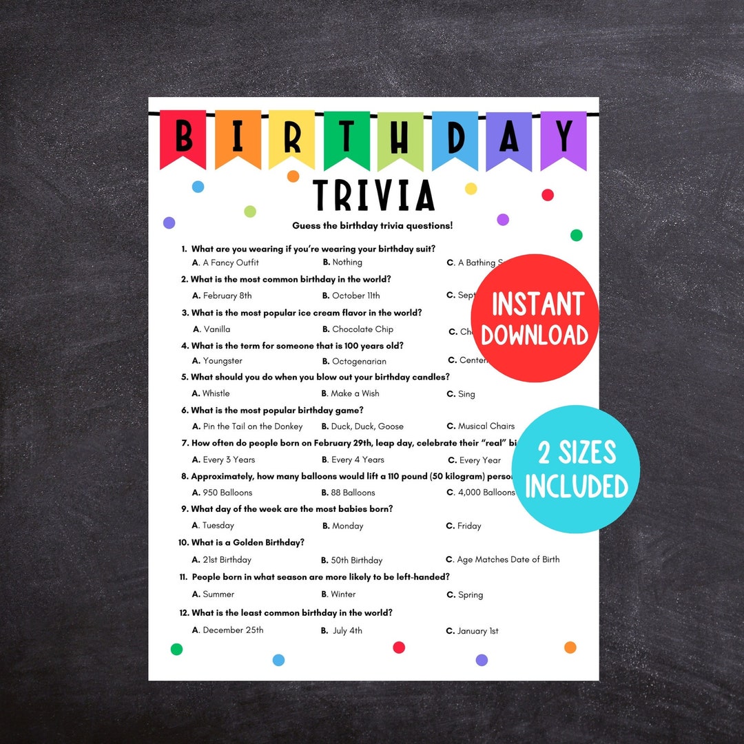 Birthday Trivia Game, Printable Birthday Game, Easy Birthday Game for ...